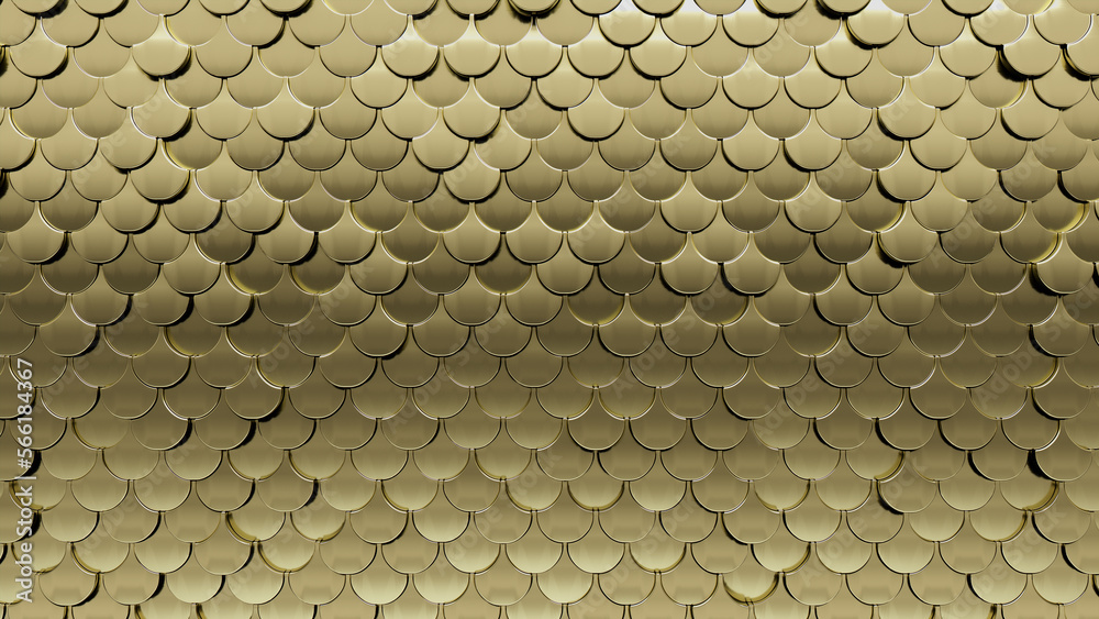 Gold, Fish Scale Mosaic Tiles arranged in the shape of a wall. Glossy ...