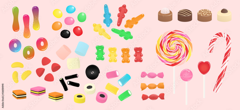Collection de bonbons de toutes sortes et de toutes les couleurs, pour ...