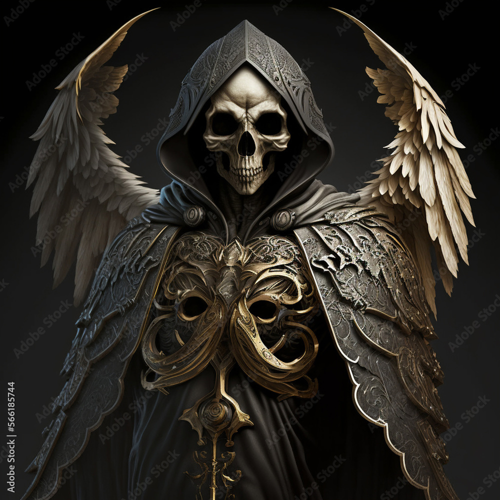 Angel of death with black robe, golden wings and skull head.Generative ...
