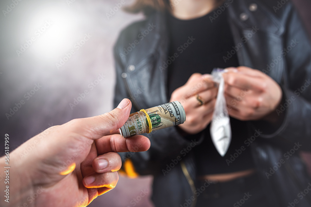 female drug dealer selling dose of cocaine to addict man to us dollar ...