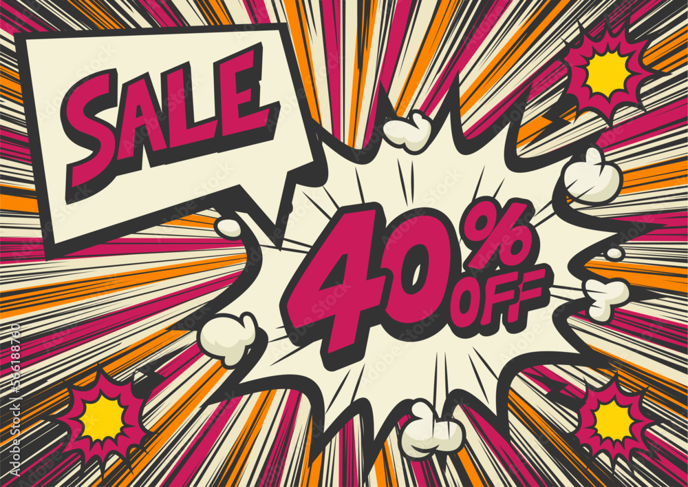 40 Percent OFF Discount on a Comics style bang shape background. Pop ...