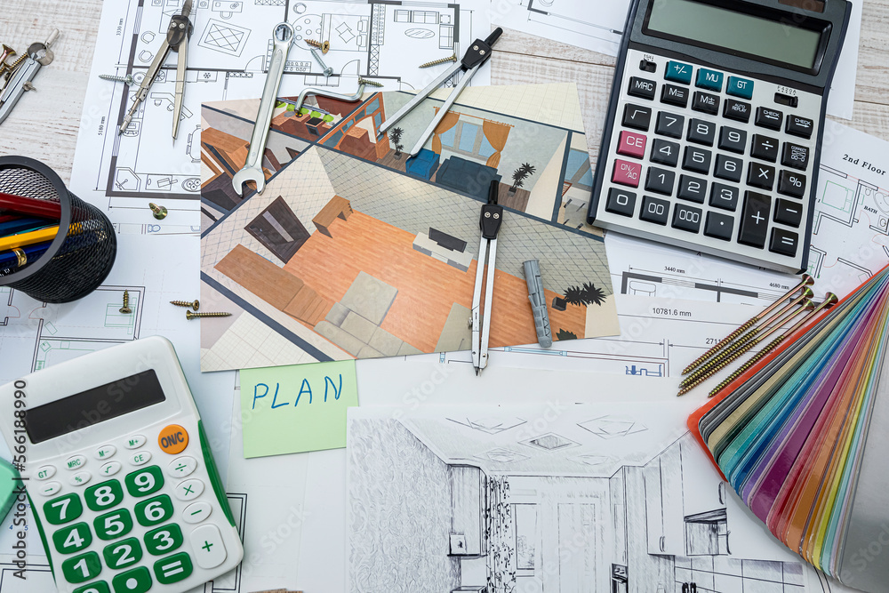 paint color swatches with drawing tools for house plan project. Stock ...