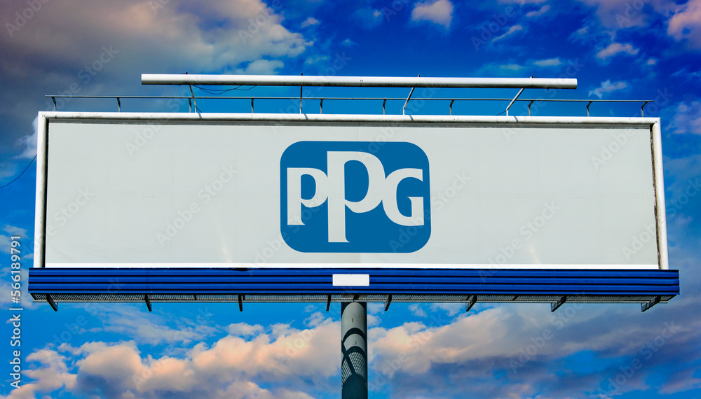 Advertisement billboard displaying logo of PPG Industries Stock Photo ...
