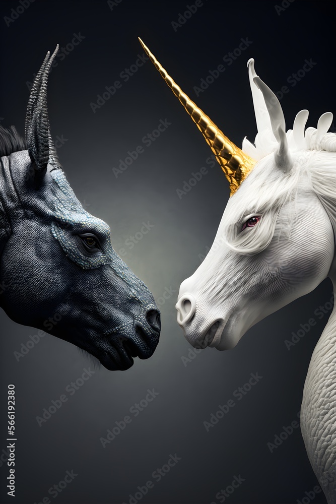 A unicorn and a dragon face to face love average plan volumetric light ...