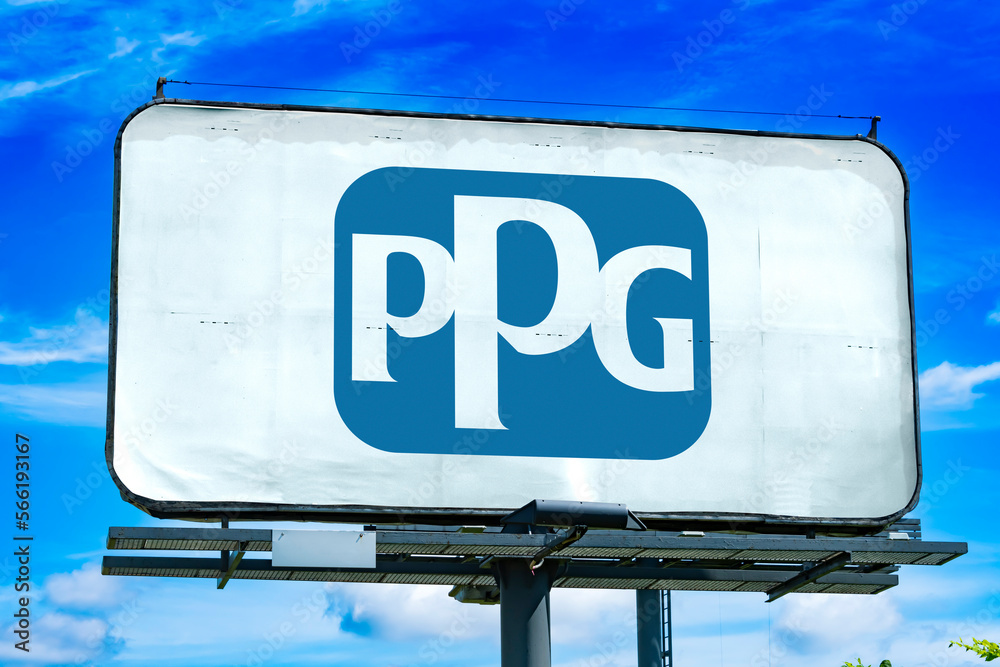 Advertisement billboard displaying logo of PPG Industries Stock Photo ...
