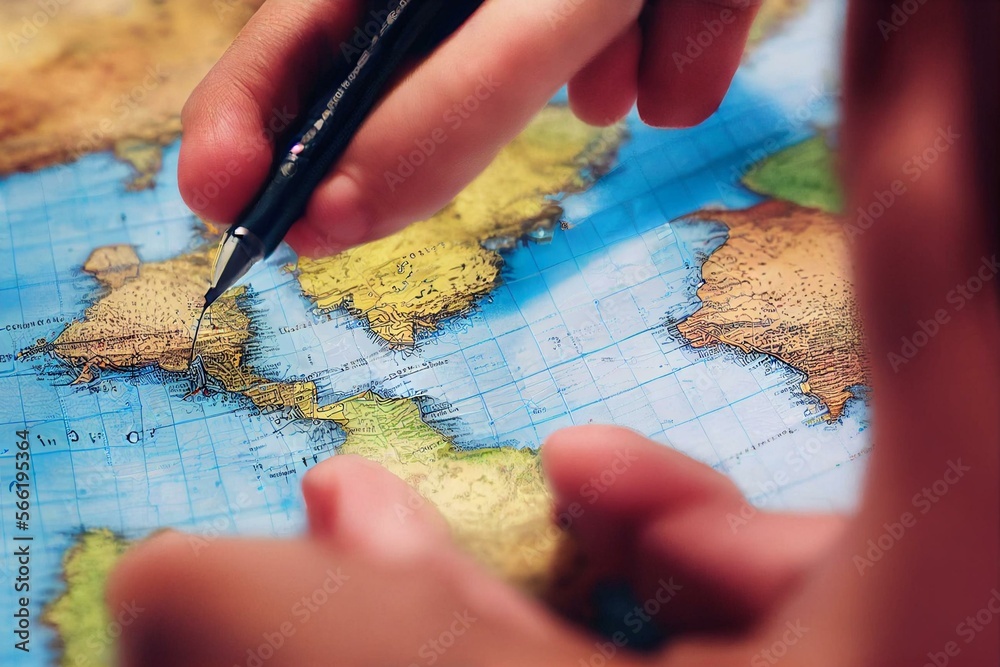 Cropped image of woman's hand pointing on mark on cartography planning ...