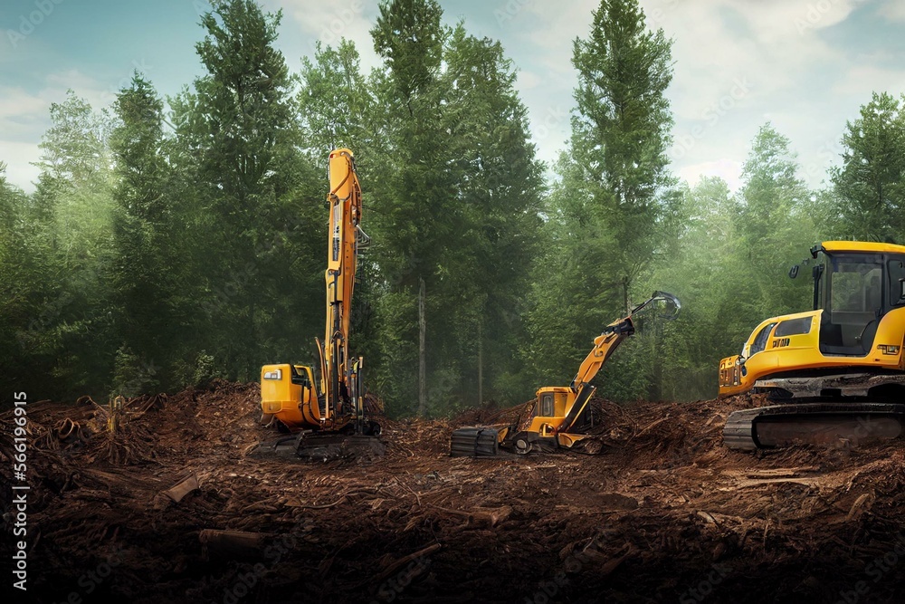 Excavator Grapple during clearing forest for new development. Tracked ...