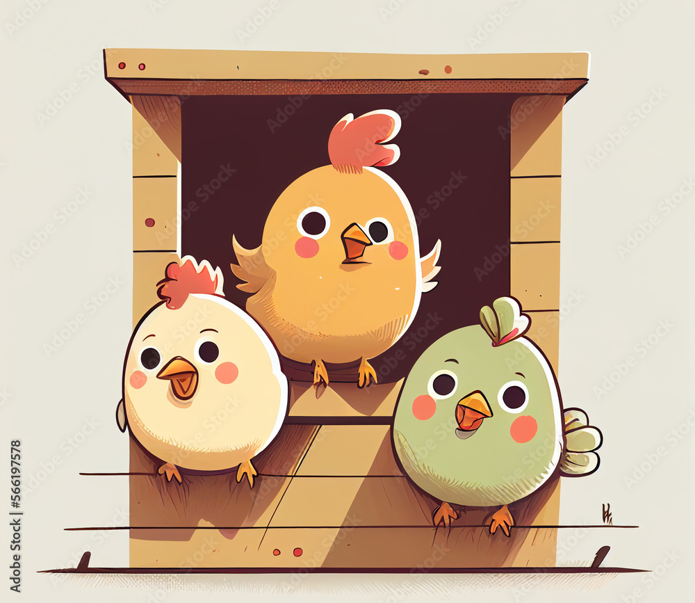 Cartoon chickens in chicken coop. Cheerful joyful chickens.. Stock ...