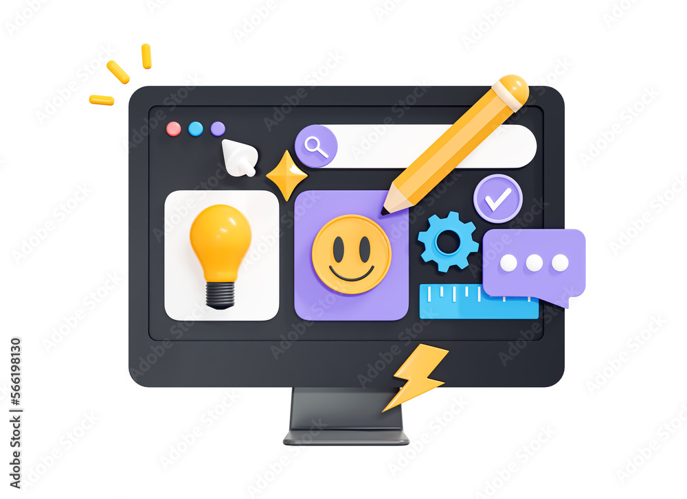 3D Digital designer concept. Computer monitor with graphic design tools ...