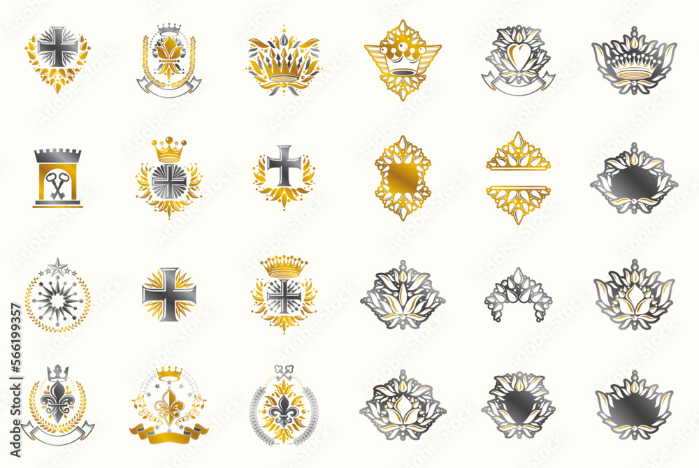 Classic style emblems big set, ancient heraldic symbols awards and ...