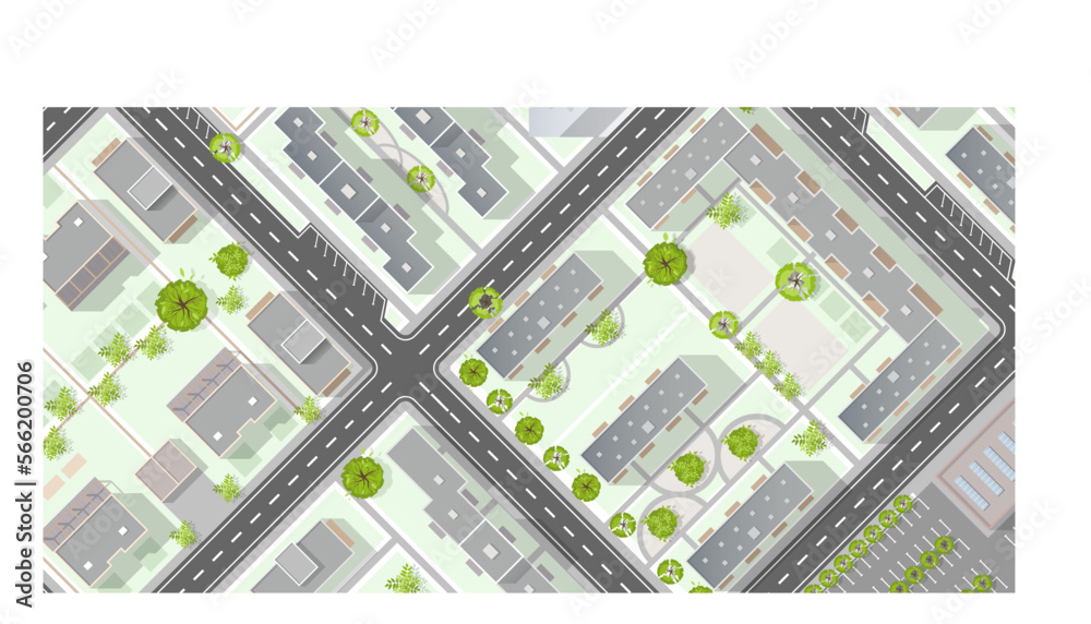 Top view of the city. Plan of town with crossroads, houses, roof, park ...