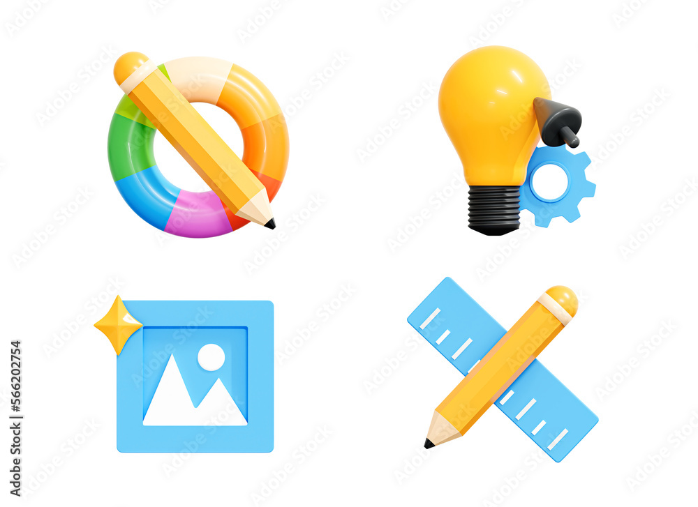 3D Graphic designer tools. Pencil with color wheel, lightbulb, image ...