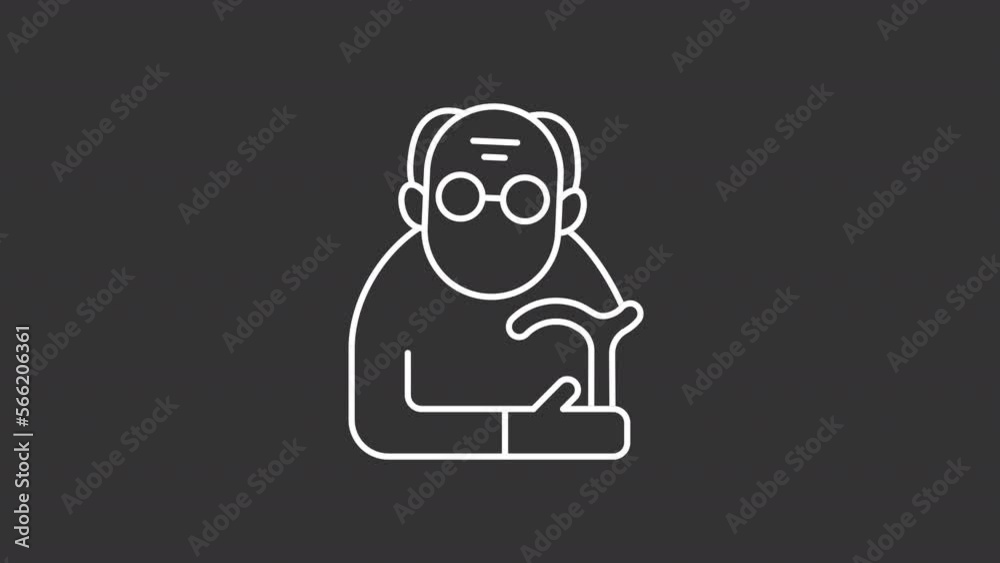 Animated senile man white line icon. Weak senior male. Geriatric care ...