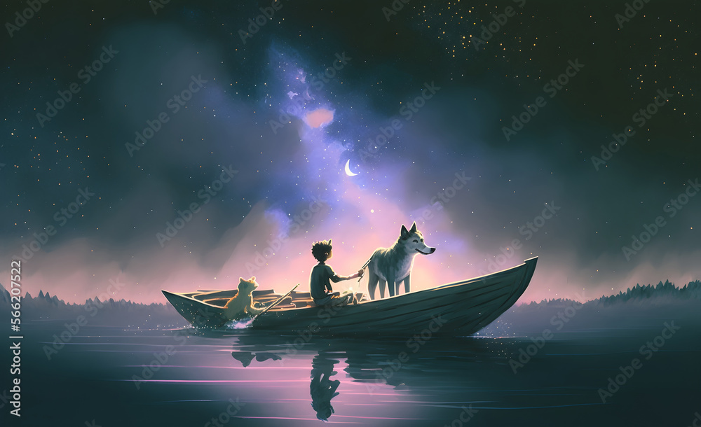 Boy rowing a boat with his wolf among the stars in the night sky ...