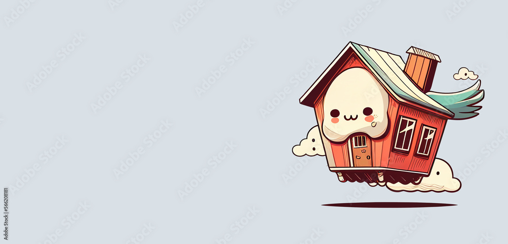 Cartoon flying house with wings and smiling face. Stock Illustration ...