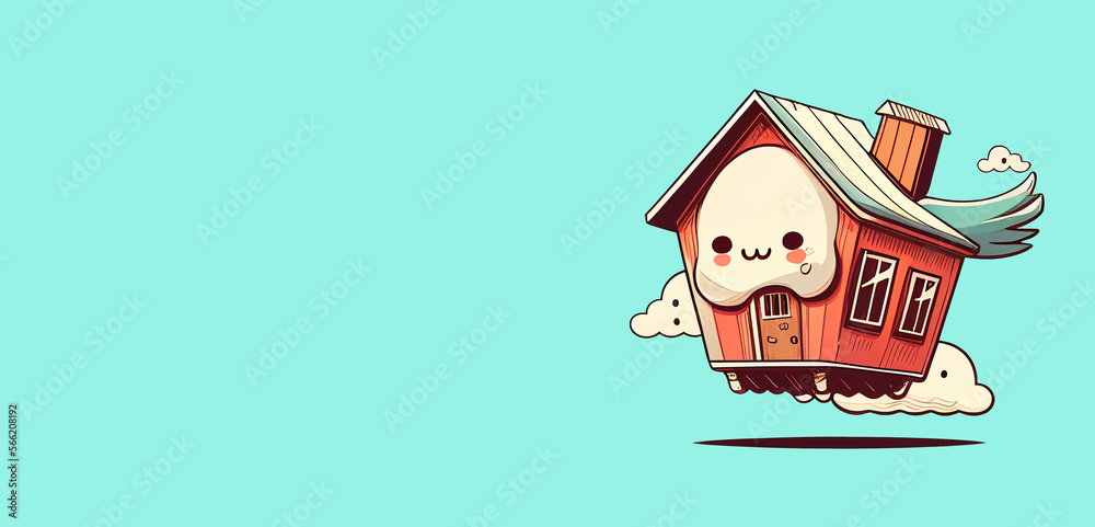 Cartoon flying house with wings and smiling face. Stock Illustration ...