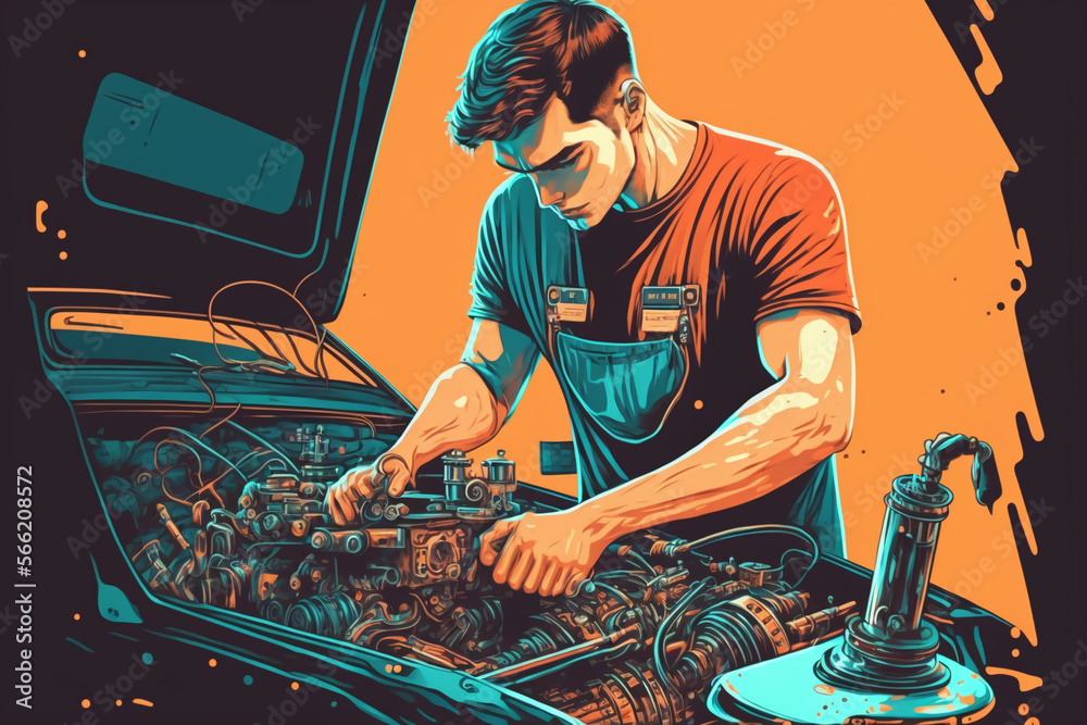Illustrated Mechanic using wrench while working on car. Generative AI ...