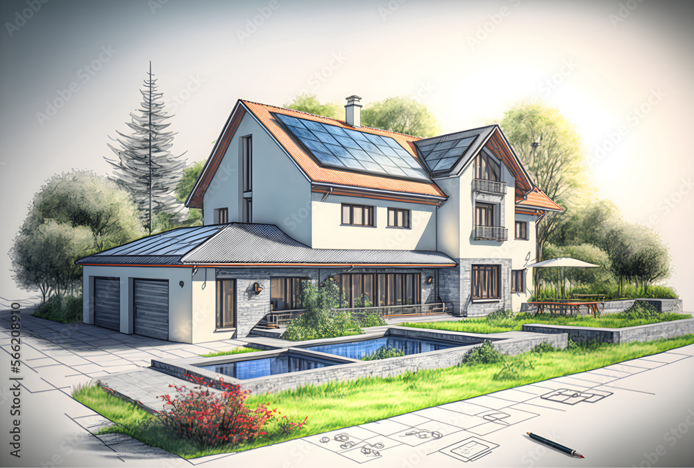 Technical drawing, sketch of building design of family house with roof ...