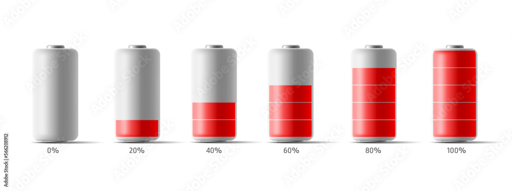 3D a set of white modern batteries with a red percentage scale of the ...