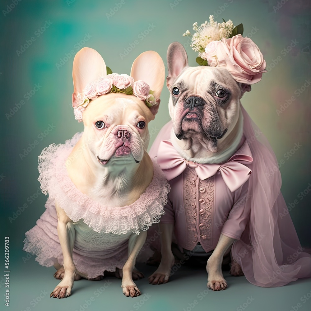 Abstract funny portrait of small French Bulldogs dressed as renaissance ...