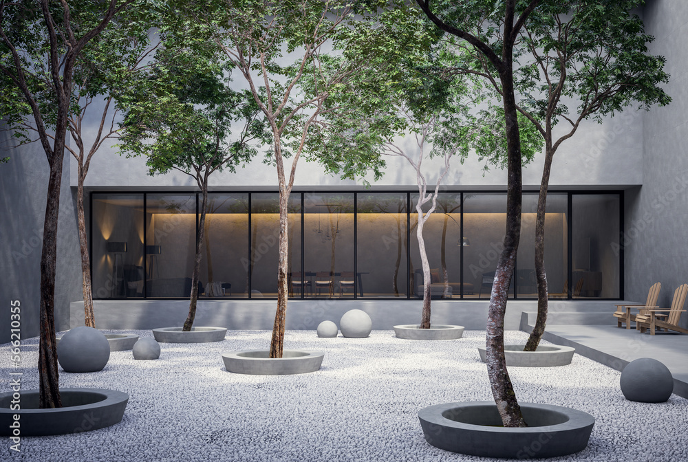 Minimal loft style white stone garden with house room background 3d render,Decorated with trees ...