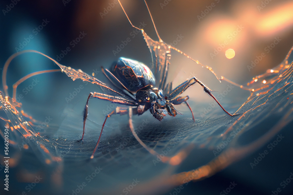 A close-up of a spider spinning its web, the delicate strands of silk ...