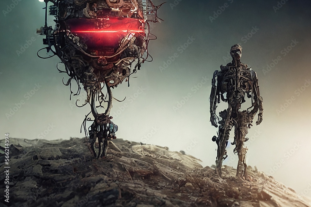 High tech alien robot invading earth and earth downfall. Red laser ...