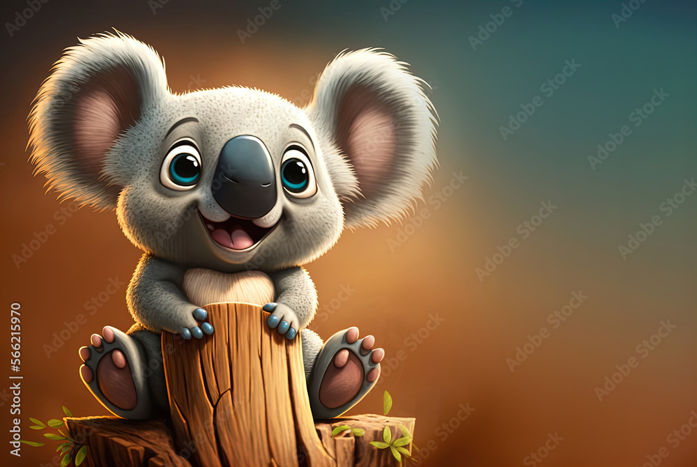 Cute small koala sitting with smile near stump. Adorable baby koala ...