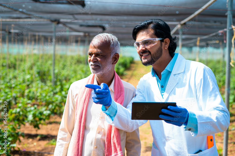 Agro scientist with senior indian farmer explaining from digital tablet ...