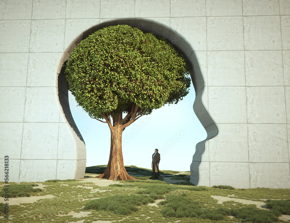 Abstract human head with a tree as a brain. Self development and growth ...