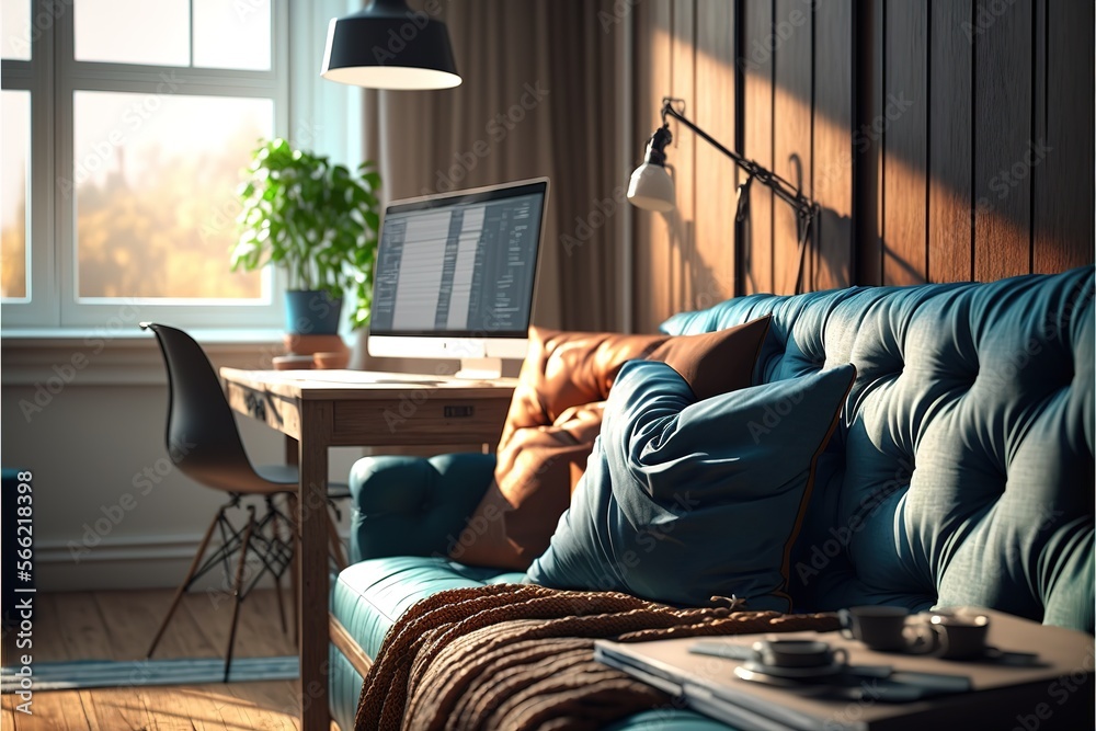 Sunlight illuminates living room workplace home office interior for ...