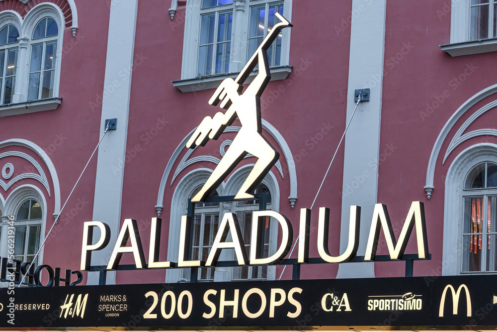 Prague, czechia - 01 28th 2023: Prague at night, logo of palladium ...
