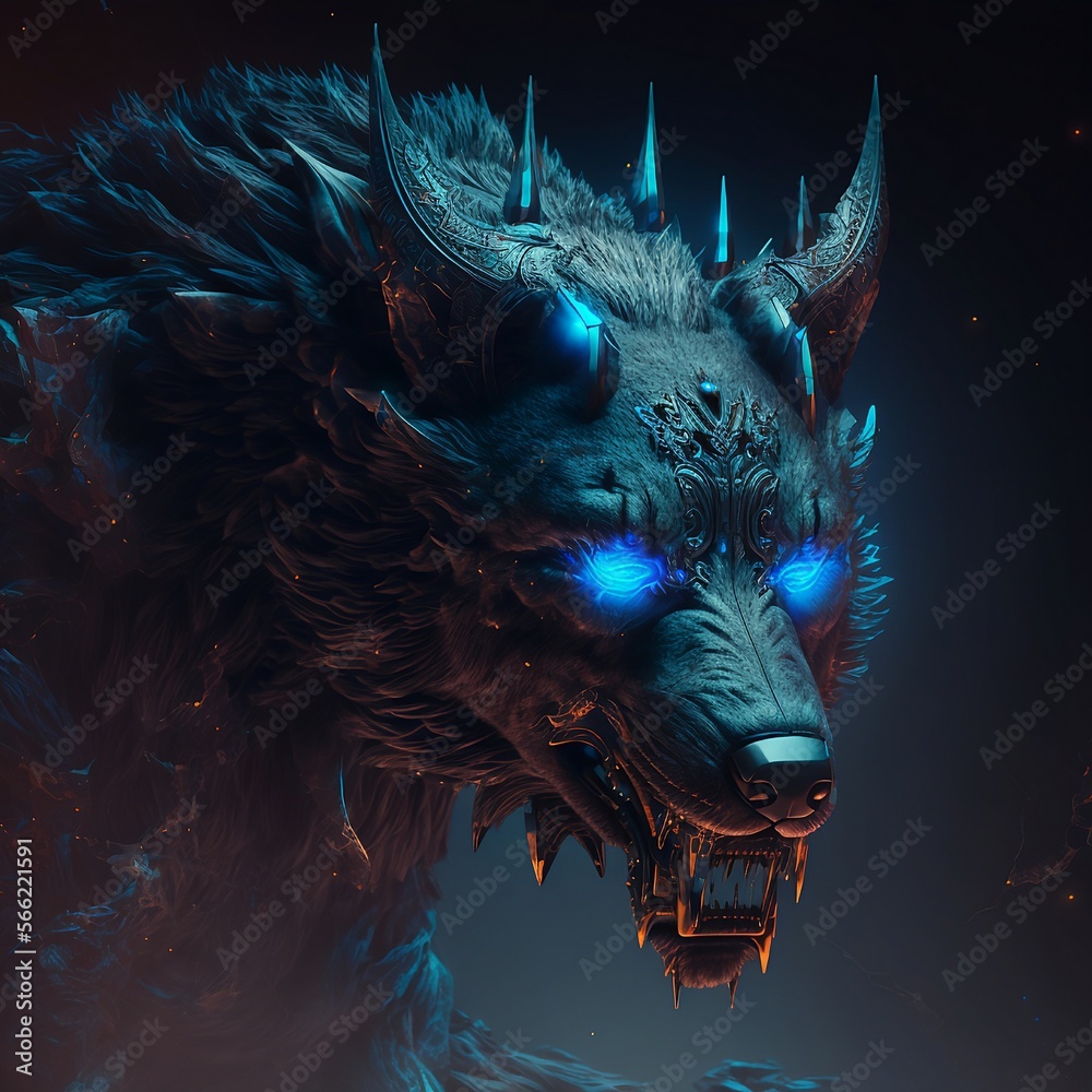 Magical wolf aggressive animal with horns from hell with blue glowing ...