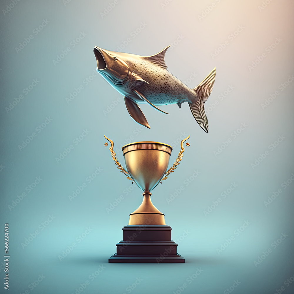 floating fish on top of golden trophy on a blue background Stock ...