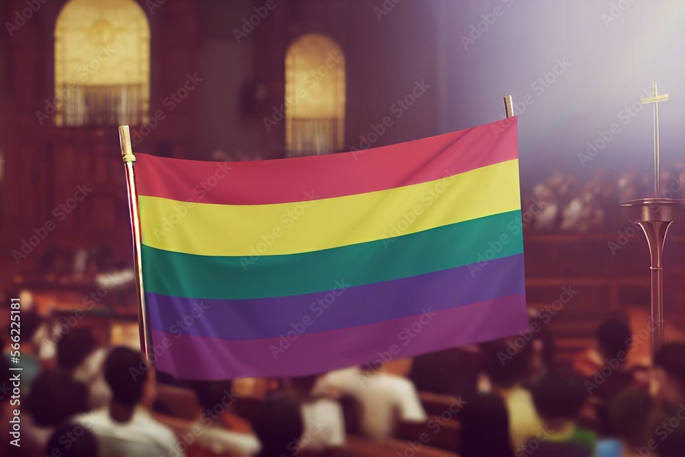 A young Asian character standing behind the pulpit with a rainbow LGBT ...
