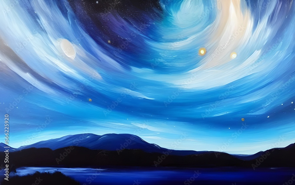 Oil painting of a magical night sky above a lake and mountains, showing ...