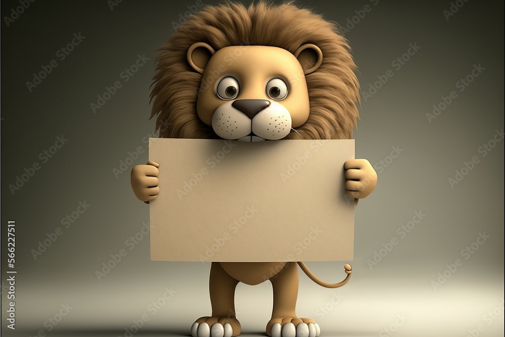 3D cute lion cartoon holding blank sign. 3D animal background. Suitable ...