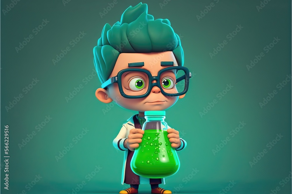 Cute young boy scientist holding a lab flask on green background. 3D ...