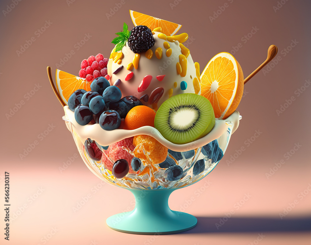 Cup of ice cream and fruits. Colored ice cream. Vanilla ice cream ...