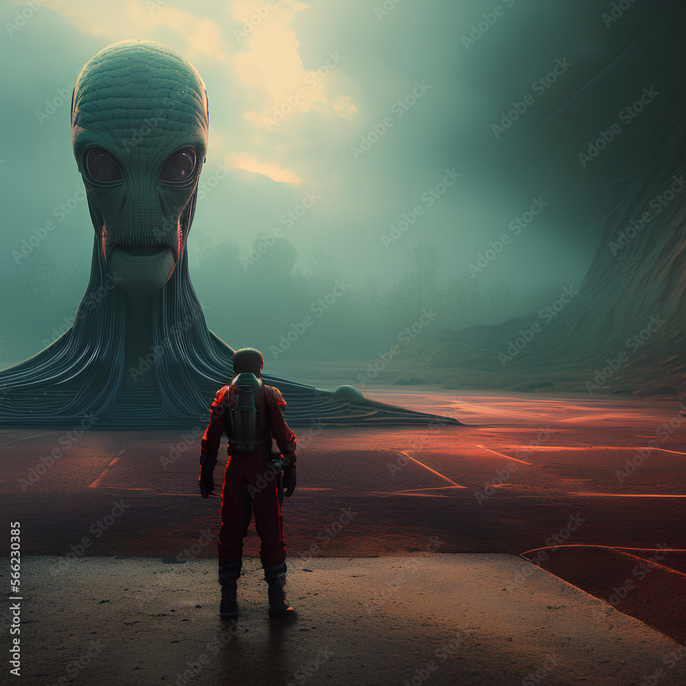 Astronaut standing in front of a giant alien head, Digital illustration ...