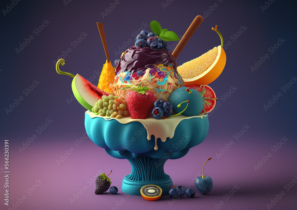 Cup of ice cream and fruits. Colored ice cream. Vanilla ice cream ...