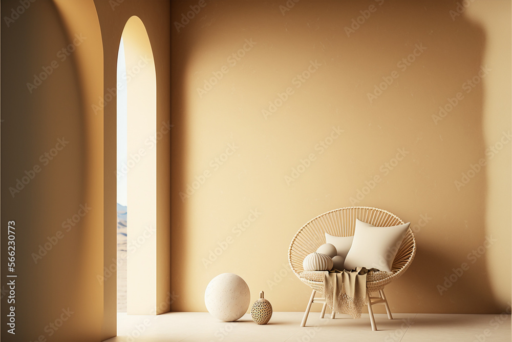 Contemporary nomadic home interior background in warm beige tones, 3d ...