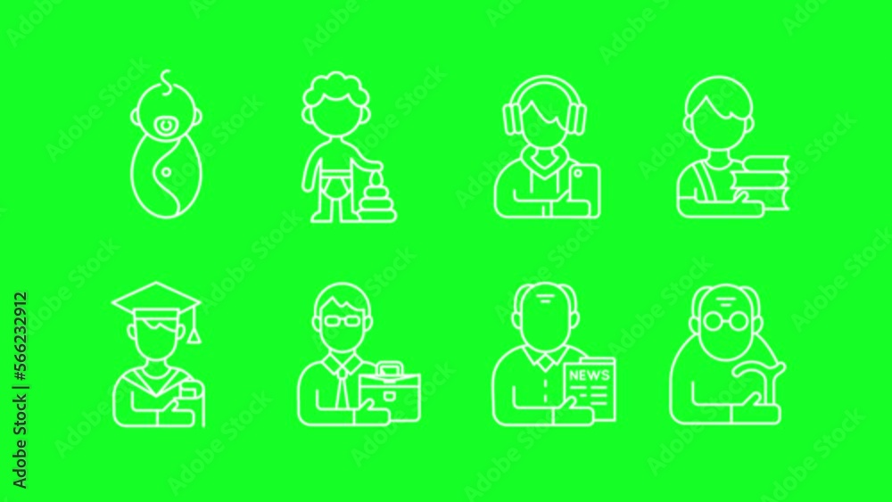 Animated men white line icons. Boyhood and adulthood. Loop HD video ...