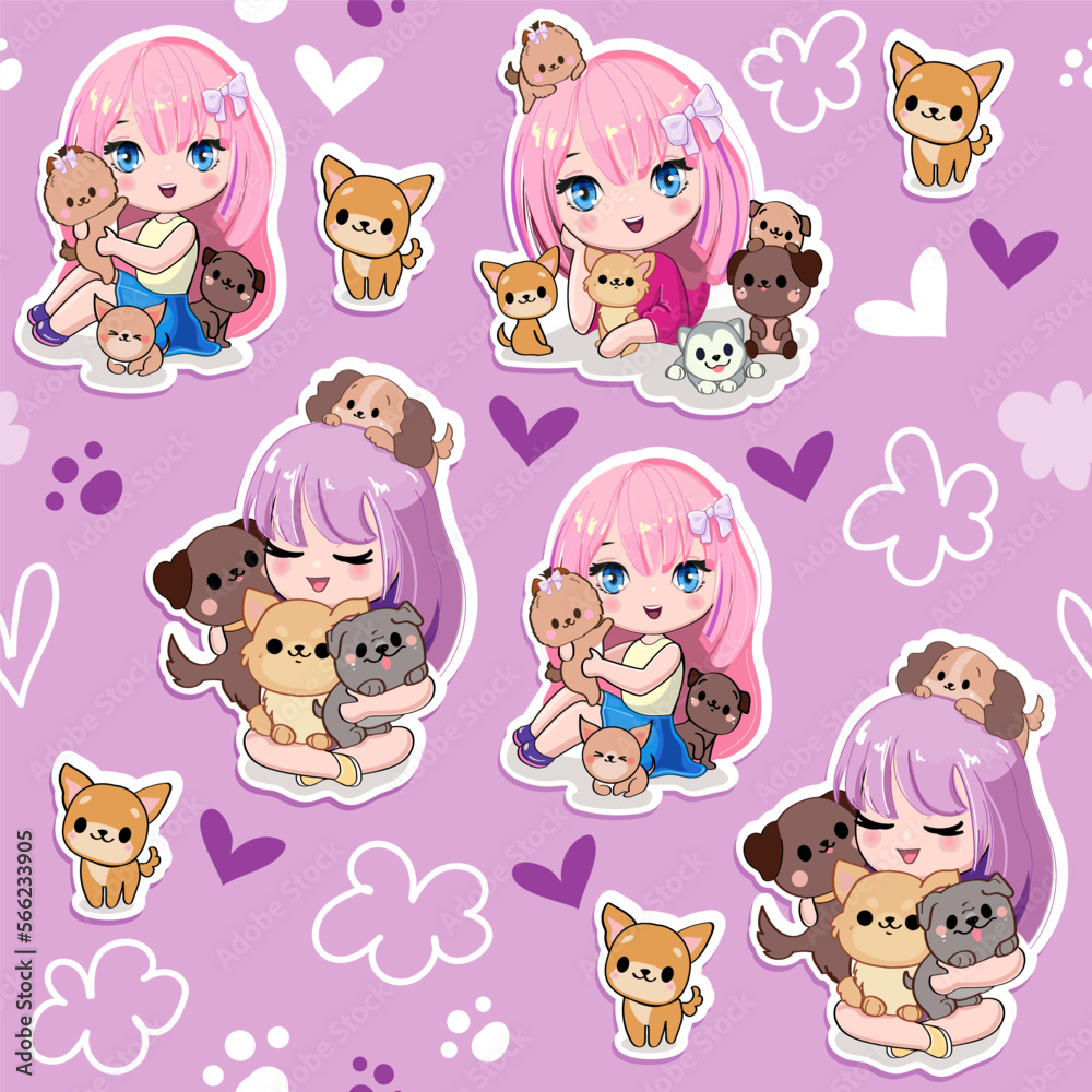 Cute cartoon anime girls with little kittens and dogs seamless pattern ...