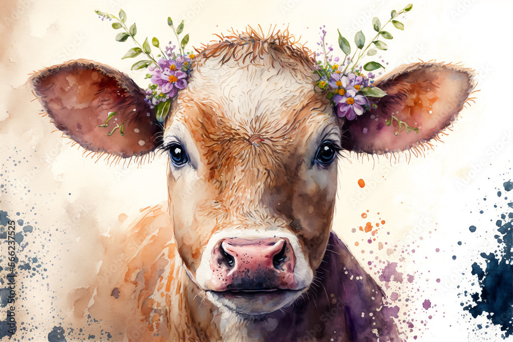 Cute cow look at us. Watercolor paint. Generative AI Stock Illustration ...