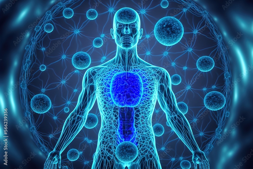 Human blue cell in center, scientific medical wallpaper in the backdrop ...