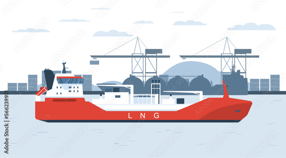 Vessel bunker on the background of the sea port. Vector illustration ...