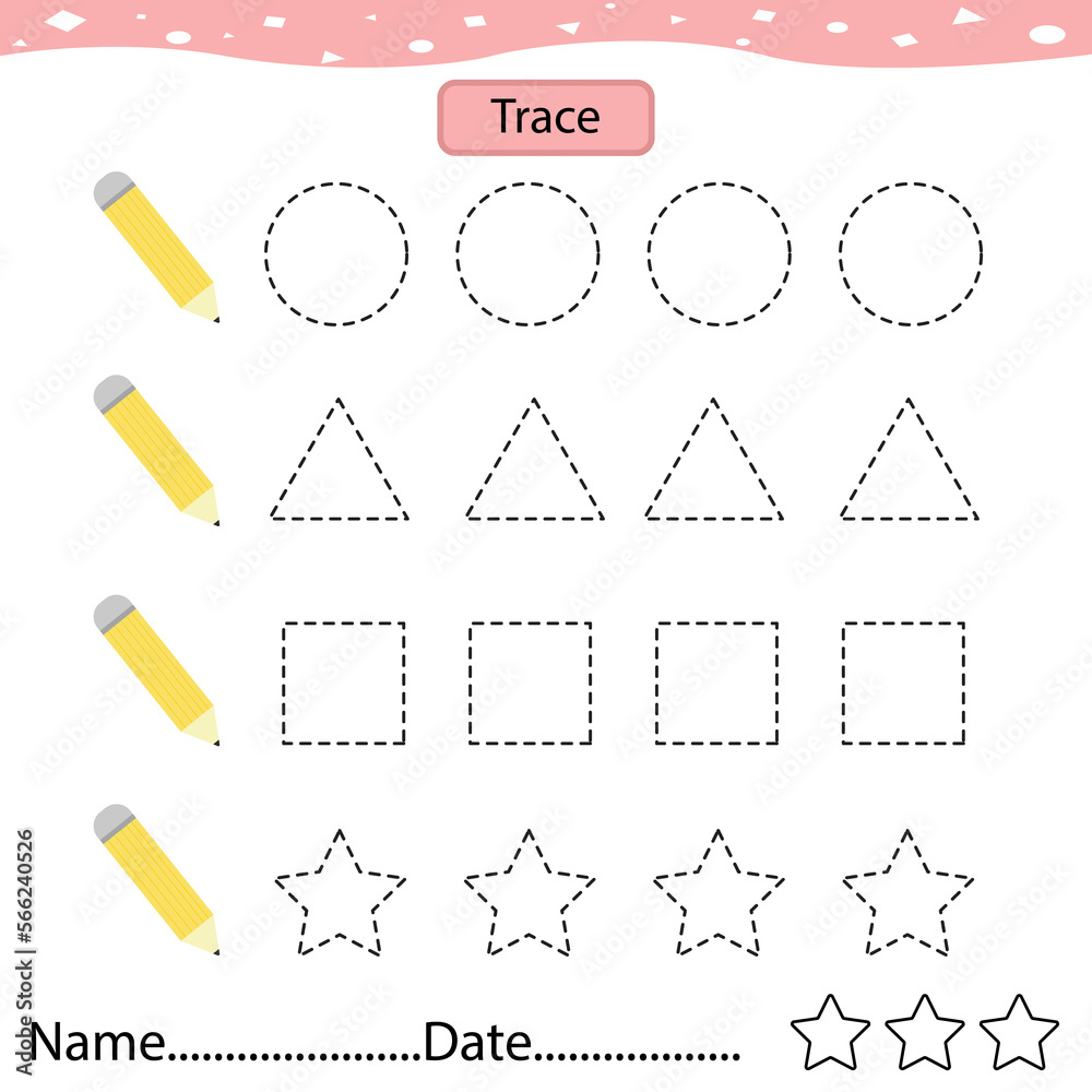 Preschool Worksheet - Dotted Lines Shape circle, triangle, square, star ...
