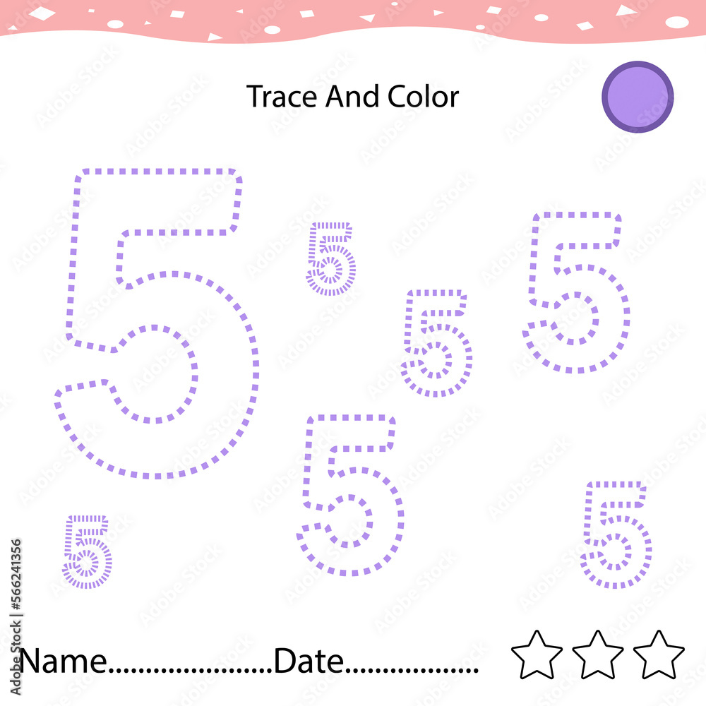 Number five tracing practice worksheet for kids learning to count and to write. Worksheet for ...