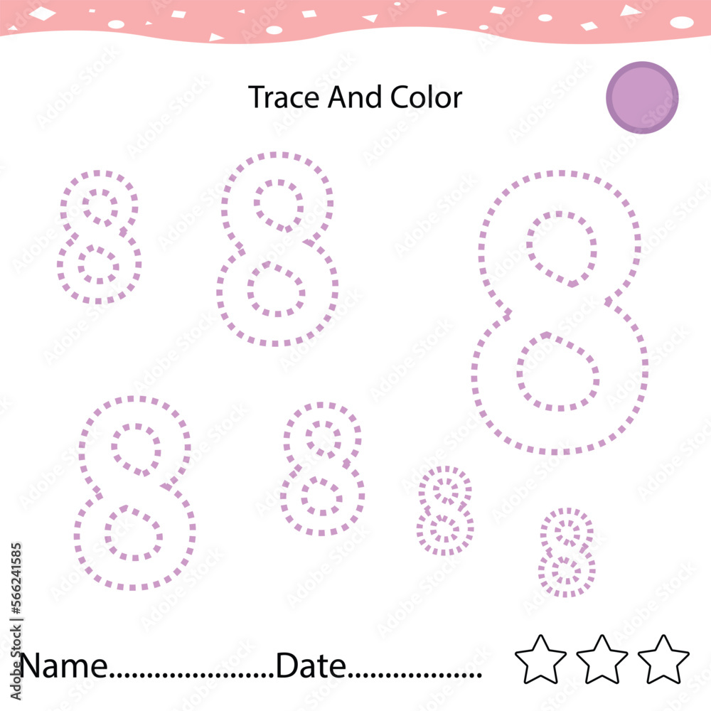 Number eight tracing practice worksheet for kids learning to count and ...